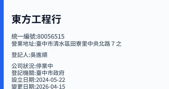 東方工程行的照片-統編 80056515(臺中市) 公司登記資料與營業項目詳細圖表