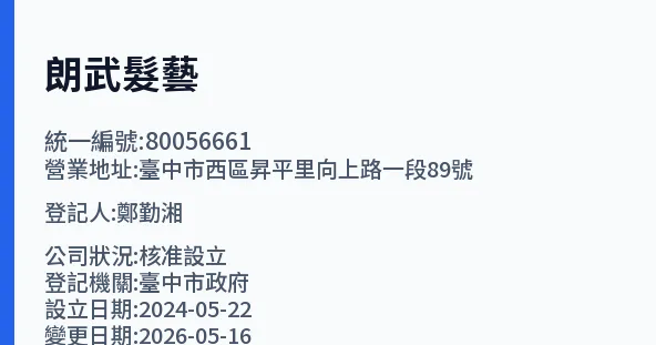 朗武髮藝的照片-統編 80056661(臺中市) 公司登記資料與營業項目詳細圖表