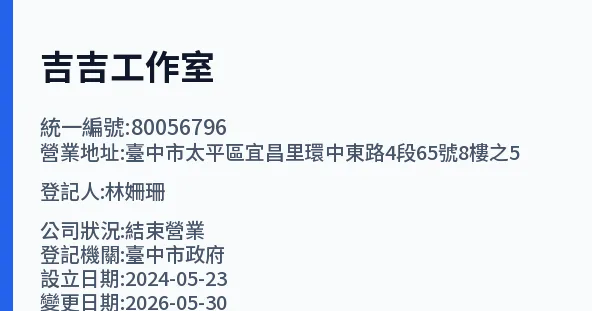吉吉工作室的照片-統編 80056796(臺中市) 公司登記資料與營業項目詳細圖表