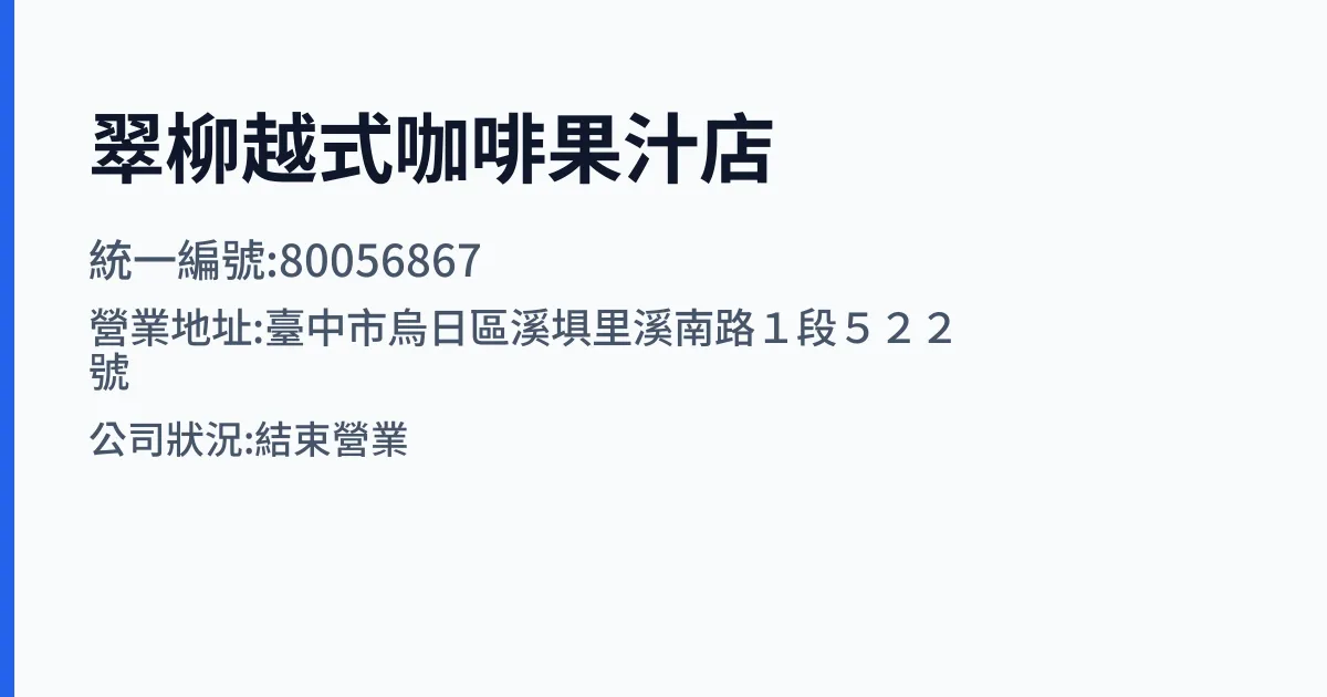 翠柳越式咖啡果汁店 - 統編 80056867(臺中市) 公司登記資料與營業項目詳細圖表