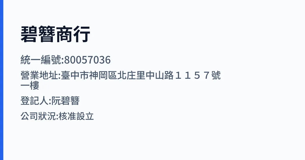 碧簪商行 - 統編 80057036(臺中市) 公司登記資料與營業項目詳細圖表
