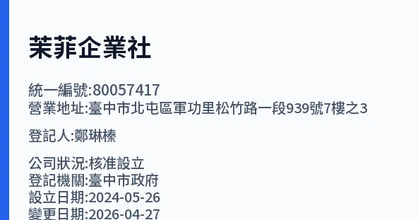茉菲企業社的照片-統編 80057417(臺中市) 公司登記資料與營業項目詳細圖表