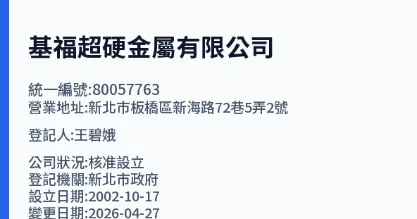 基福超硬金屬有限公司的照片-統編 80057763(新北市) 公司登記資料與營業項目詳細圖表