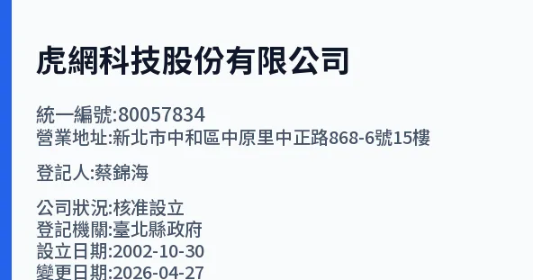 虎網科技股份有限公司的照片-統編 80057834(新北市) 公司登記資料與營業項目詳細圖表