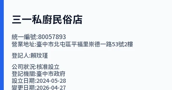 三一私廚民俗店的照片-統編 80057893(臺中市) 公司登記資料與營業項目詳細圖表