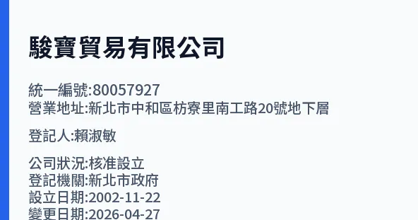 駿寶貿易有限公司的照片-統編 80057927(新北市) 公司登記資料與營業項目詳細圖表