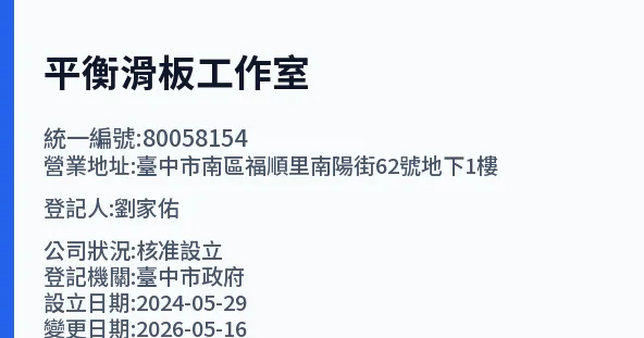 平衡滑板工作室的照片-統編 80058154(臺中市) 公司登記資料與營業項目詳細圖表