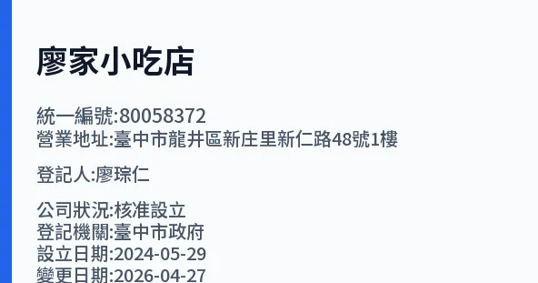 廖家小吃店的照片-統編 80058372(臺中市) 公司登記資料與營業項目詳細圖表