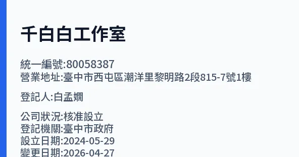 千白白工作室的照片-統編 80058387(臺中市) 公司登記資料與營業項目詳細圖表