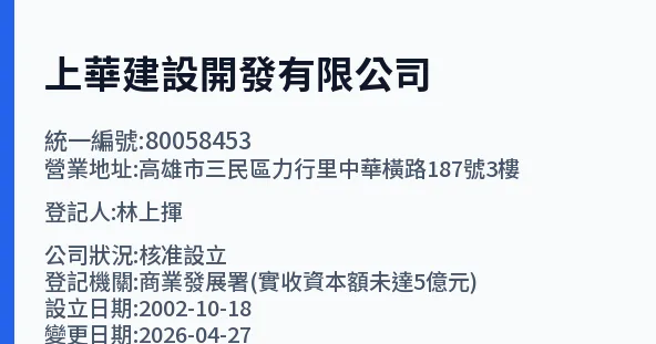 上華建設開發有限公司的照片-統編 80058453(高雄市) 公司登記資料與營業項目詳細圖表