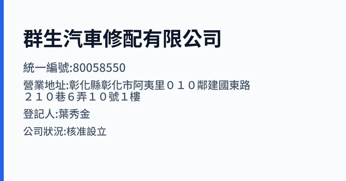 群生汽車修配有限公司 - 統編 80058550(彰化縣) 公司登記資料與營業項目詳細圖表