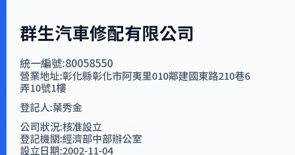群生汽車修配有限公司的照片-統編 80058550(彰化縣) 公司登記資料與營業項目詳細圖表