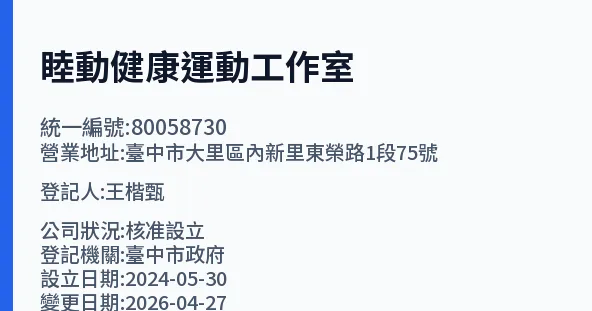 睦動健康運動工作室的照片-統編 80058730(臺中市) 公司登記資料與營業項目詳細圖表