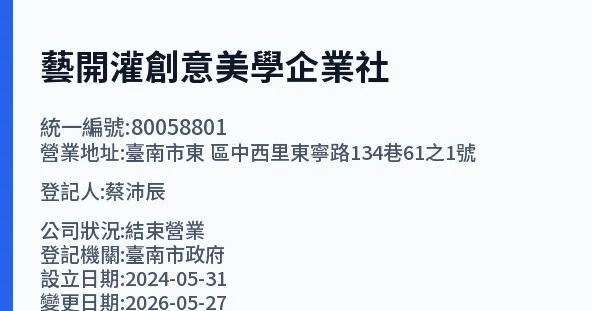 藝開灌創意美學企業社的照片-統編 80058801(臺南市) 公司登記資料與營業項目詳細圖表