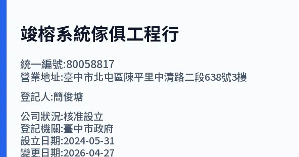 竣榕系統傢俱工程行的照片-統編 80058817(臺中市) 公司登記資料與營業項目詳細圖表