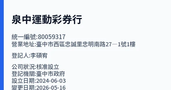 泉中運動彩券行的照片-統編 80059317(臺中市) 公司登記資料與營業項目詳細圖表