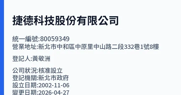 捷德科技股份有限公司的照片-統編 80059349(新北市) 公司登記資料與營業項目詳細圖表
