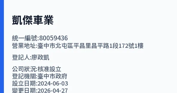 凱傑車業的照片-統編 80059436(臺中市) 公司登記資料與營業項目詳細圖表