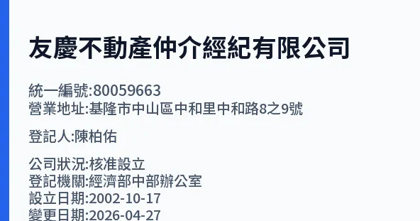 友慶不動產仲介經紀有限公司的照片-統編 80059663(基隆市) 公司登記資料與營業項目詳細圖表