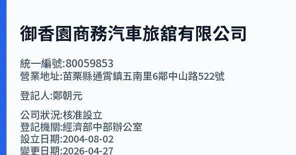 御香園商務汽車旅舘有限公司的照片-統編 80059853(苗栗縣) 公司登記資料與營業項目詳細圖表