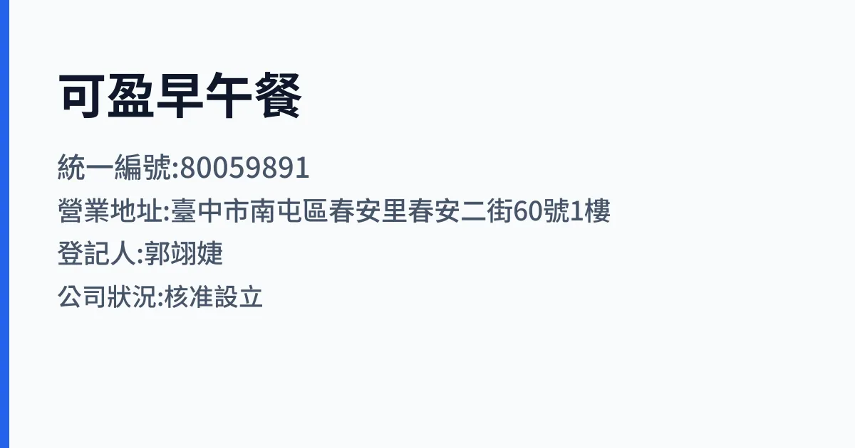 可盈早午餐 - 統編 80059891(臺中市) 公司登記資料與營業項目詳細圖表