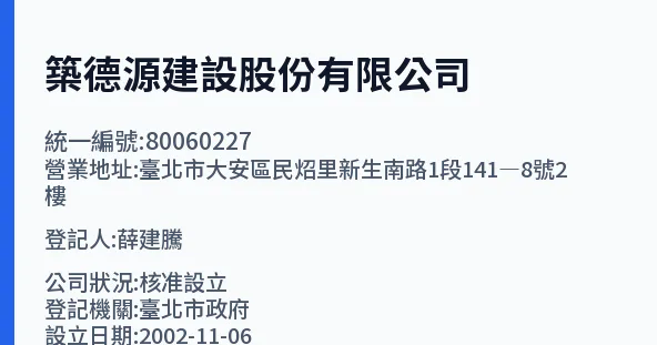 築德源建設股份有限公司的照片-統編 80060227(臺北市) 公司登記資料與營業項目詳細圖表