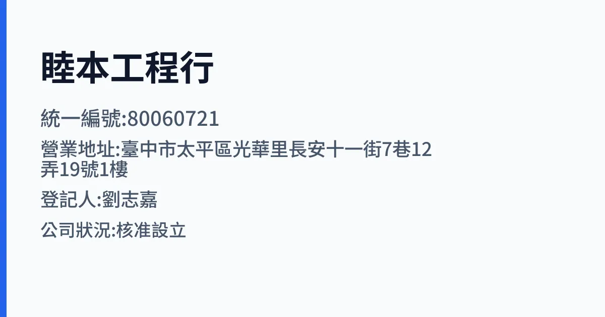 睦本工程行 - 統編 80060721(臺中市) 公司登記資料與營業項目詳細圖表
