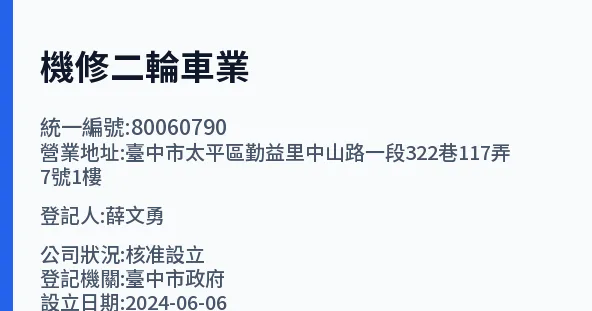 機修二輪車業的照片-統編 80060790(臺中市) 公司登記資料與營業項目詳細圖表