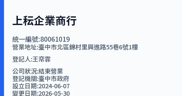 上秐企業商行的照片-統編 80061019(臺中市) 公司登記資料與營業項目詳細圖表