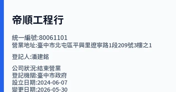 帝順工程行的照片-統編 80061101(臺中市) 公司登記資料與營業項目詳細圖表