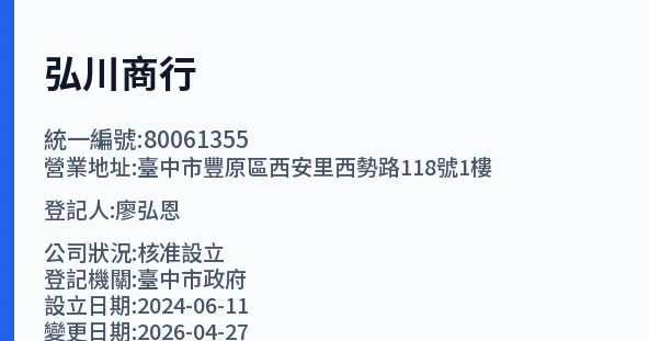弘川商行的照片-統編 80061355(臺中市) 公司登記資料與營業項目詳細圖表