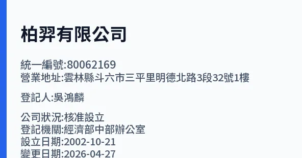 柏羿有限公司的照片-統編 80062169(雲林縣) 公司登記資料與營業項目詳細圖表