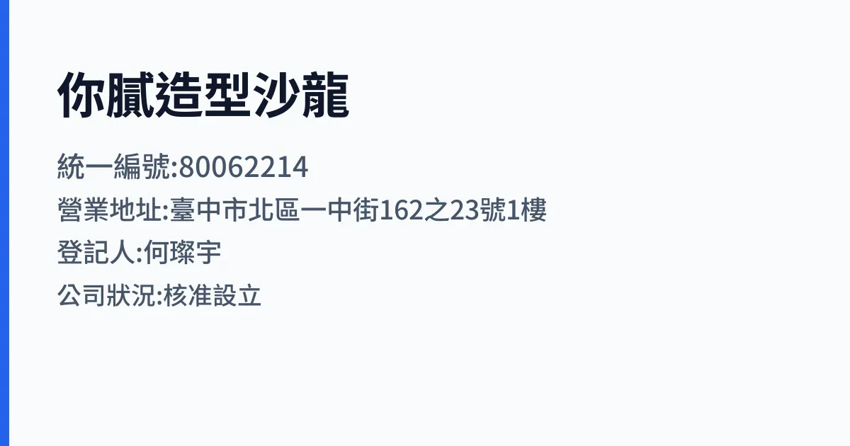 你膩造型沙龍 - 統編 80062214(臺中市) 公司登記資料與營業項目詳細圖表