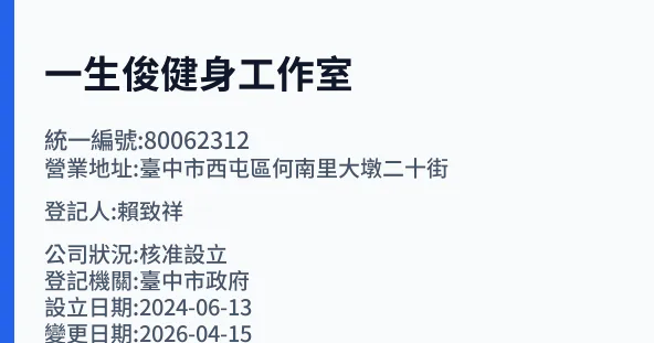 一生俊健身工作室的照片-統編 80062312(臺中市) 公司登記資料與營業項目詳細圖表