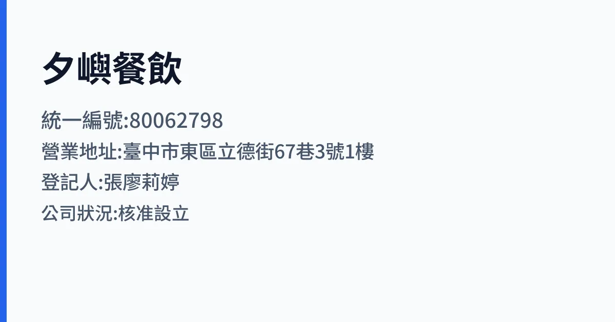 夕嶼餐飲 - 統編 80062798(臺中市) 公司登記資料與營業項目詳細圖表