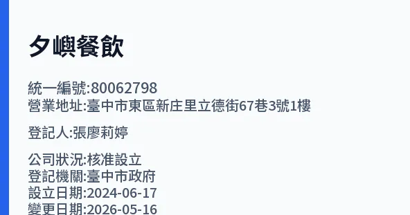 夕嶼餐飲的照片-統編 80062798(臺中市) 公司登記資料與營業項目詳細圖表