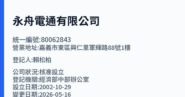 永舟電通有限公司的照片-統編 80062843(嘉義市) 公司登記資料與營業項目詳細圖表