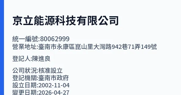 京立能源科技有限公司的照片-統編 80062999(臺南市) 公司登記資料與營業項目詳細圖表