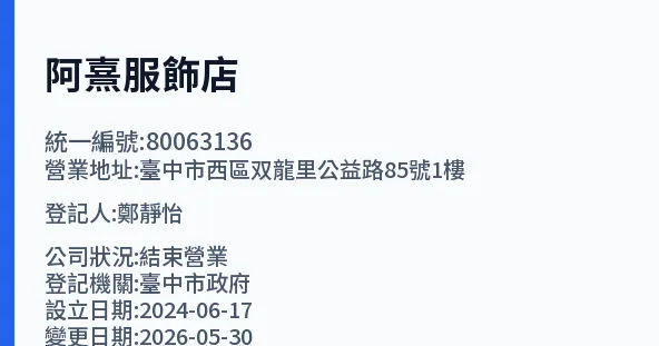 阿熹服飾店的照片-統編 80063136(臺中市) 公司登記資料與營業項目詳細圖表
