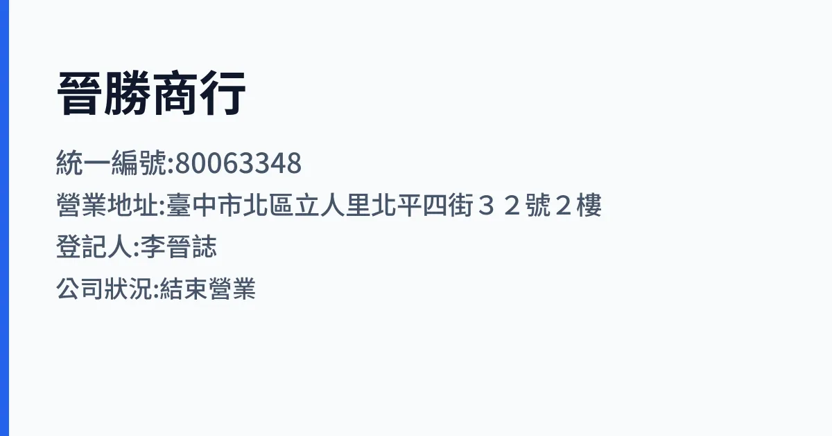 晉勝商行 - 統編 80063348(臺中市) 公司登記資料與營業項目詳細圖表