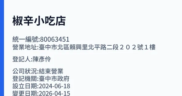 椒辛小吃店的照片-統編 80063451(臺中市) 公司登記資料與營業項目詳細圖表