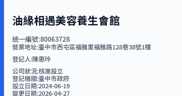 油緣相遇美容養生會館的照片-統編 80063728(臺中市) 公司登記資料與營業項目詳細圖表