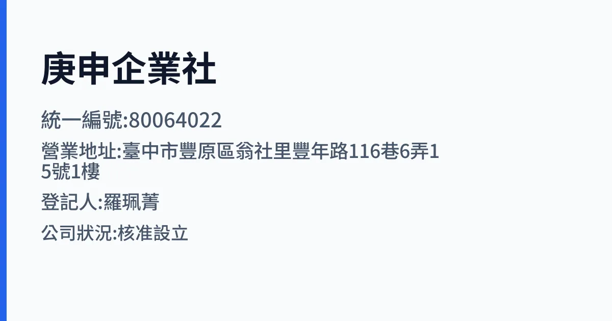庚申企業社 - 統編 80064022(臺中市) 公司登記資料與營業項目詳細圖表