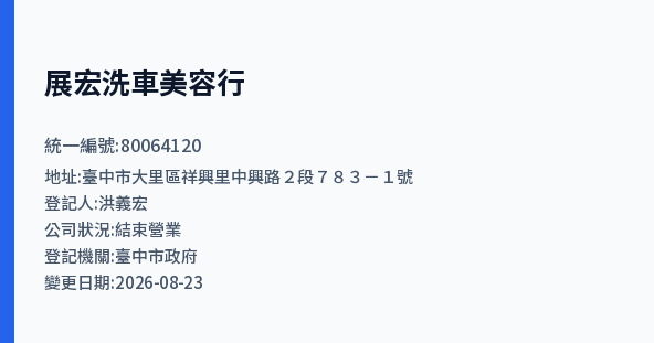 展宏洗車美容行的照片-統編 80064120(臺中市) 公司登記資料與營業項目詳細圖表