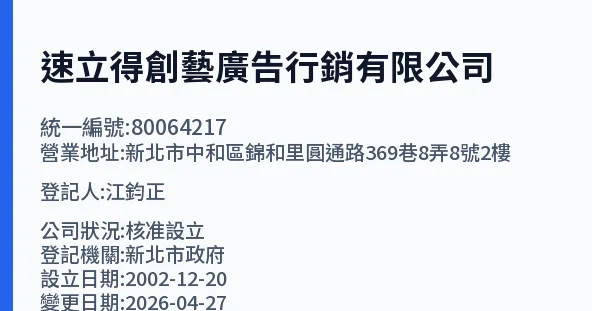 速立得創藝廣告行銷有限公司的照片-統編 80064217(新北市) 公司登記資料與營業項目詳細圖表