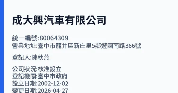 成大興汽車有限公司的照片-統編 80064309(臺中市) 公司登記資料與營業項目詳細圖表
