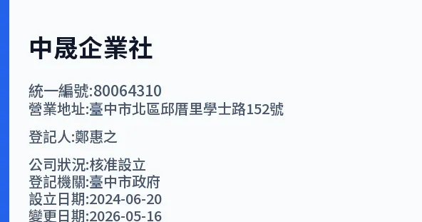 中晟企業社的照片-統編 80064310(臺中市) 公司登記資料與營業項目詳細圖表