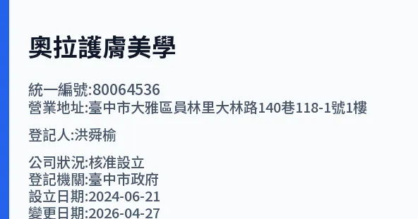 奧拉護膚美學的照片-統編 80064536(臺中市) 公司登記資料與營業項目詳細圖表