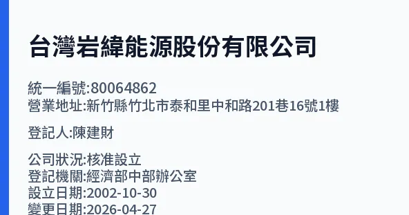台灣岩緯能源股份有限公司的照片-統編 80064862(新竹縣) 公司登記資料與營業項目詳細圖表