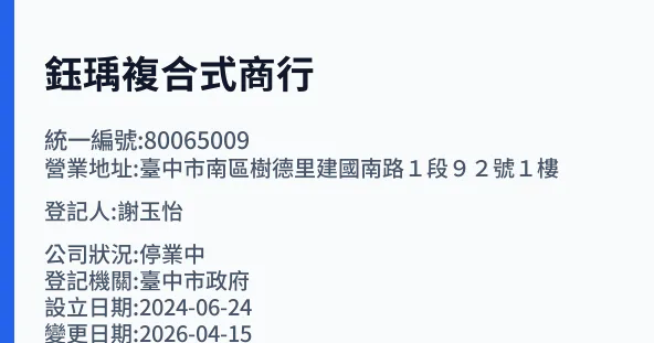 鈺瑀複合式商行的照片-統編 80065009(臺中市) 公司登記資料與營業項目詳細圖表
